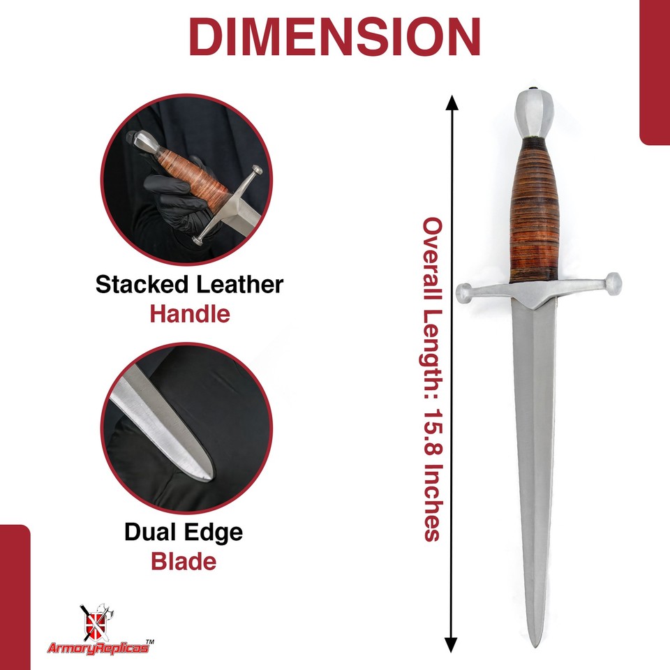 Medieval Cosplay Dagger Replica Carbon Steel Blade Leather Wrap Handle ...