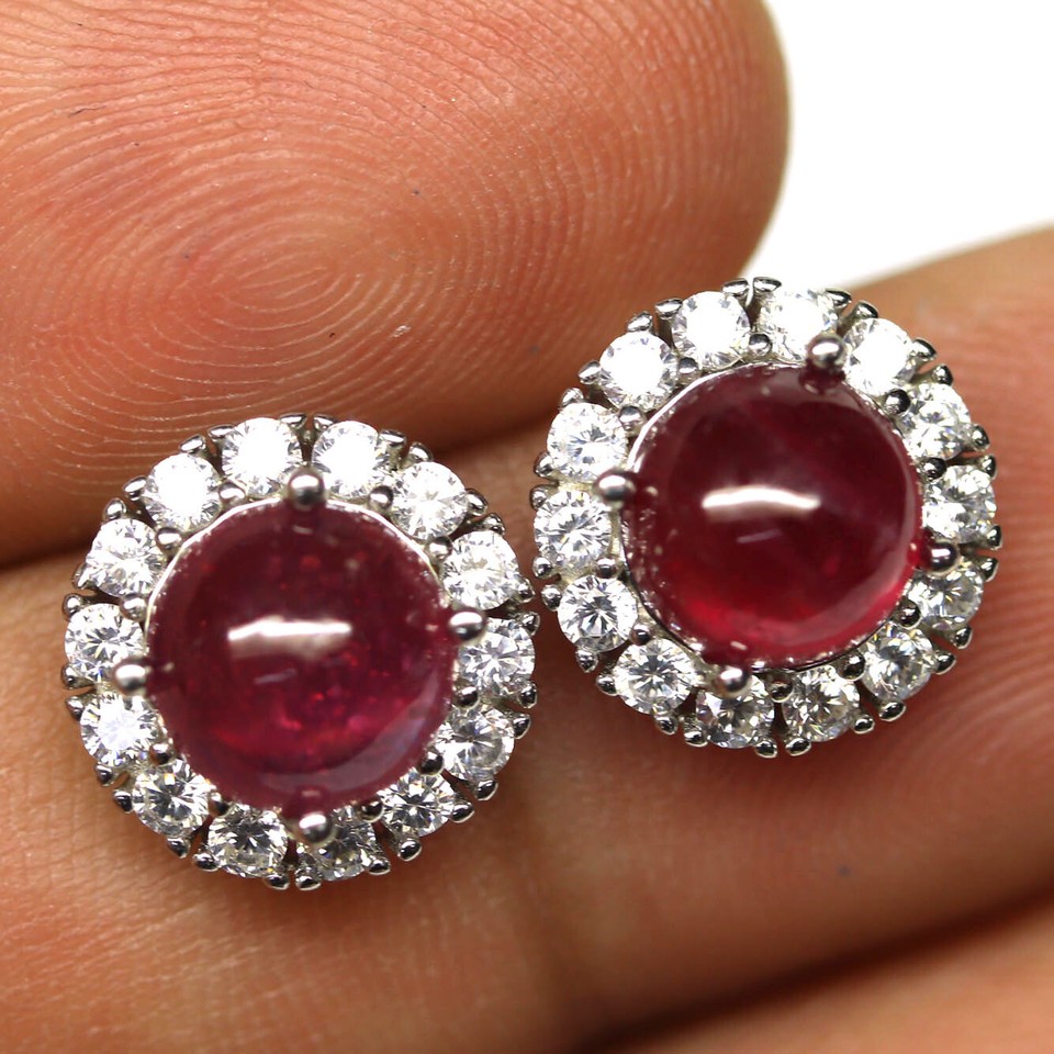 925 Sterling Silver 8 mm. Red Ruby & Zircon Earrings White Gold Plated ...