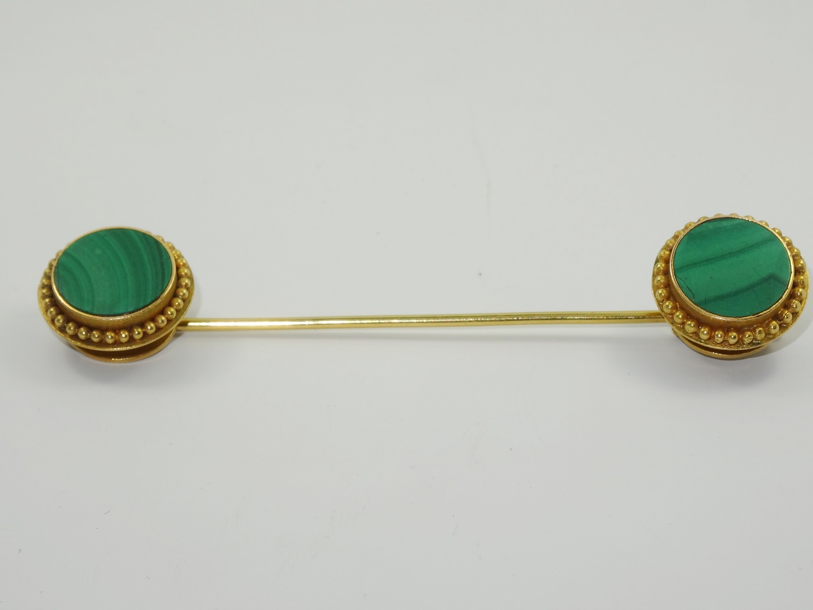 VICTORIAN SOLID 14K GOLD DOUBLE ENDED SCARF PIN w/ MALACHITE 3.25" / 10 ...