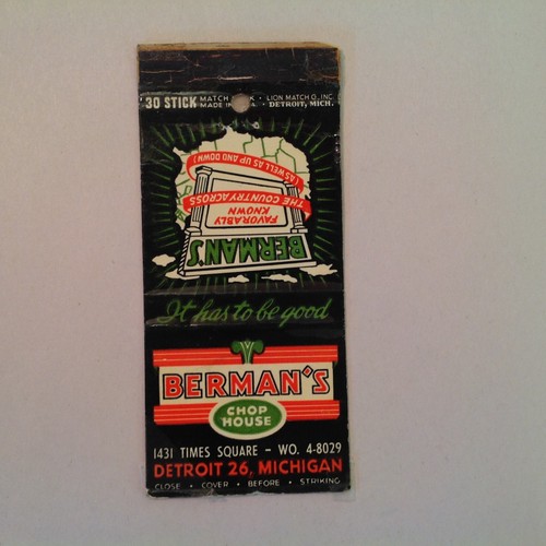 Vtg Matchbook Cover Berman's Chop House Times Square Detroit Michigan ...