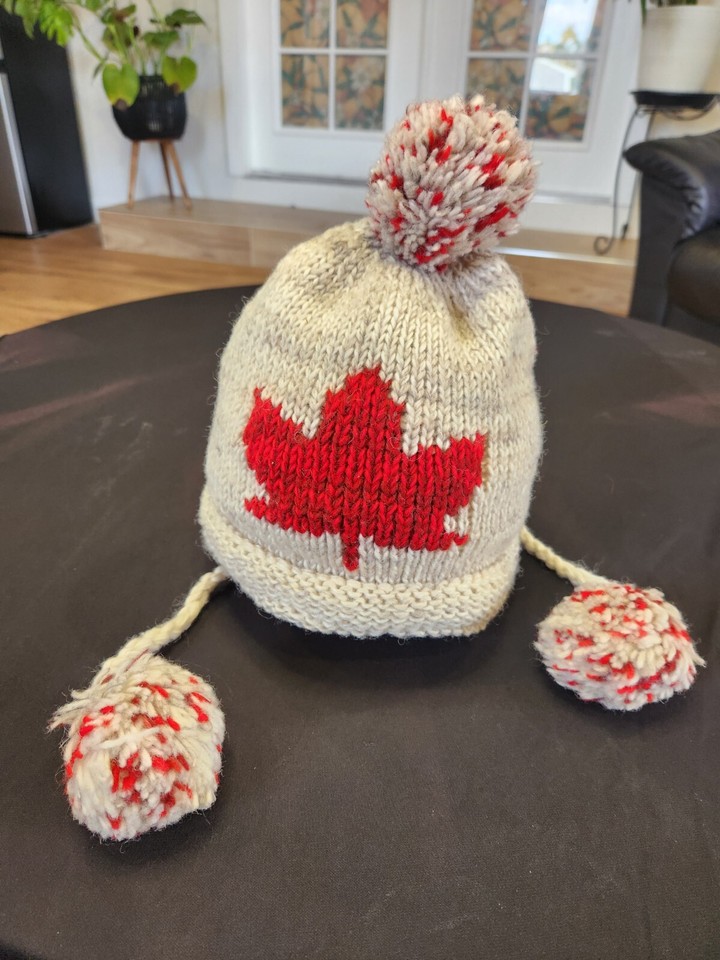 Made in Nepal 100% Wool Beanie Knit Hat Ear Flaps Tassel Maple Leaf | eBay
