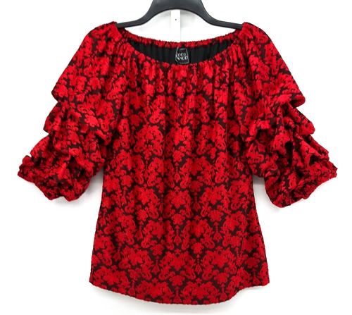 Coco Bianco Blouse Women Size S Red 3/4 Puff Sleeve Boat Neck Textured ...