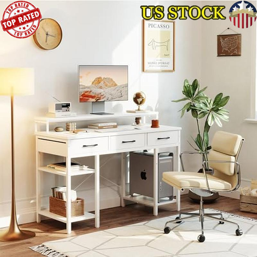 47 Inch Computer Desk W/ Storage Drawers Shelves Ergonomic Monitor ...