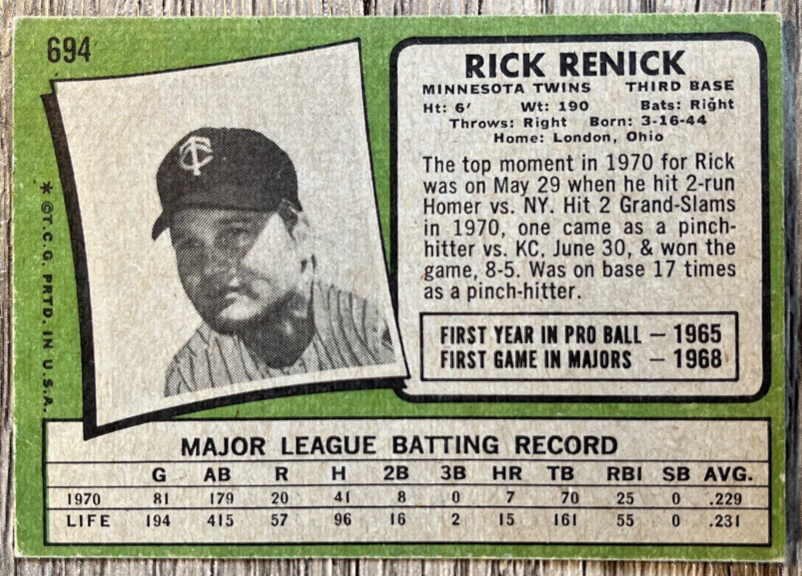 RICK RENICK 1971 TOPPS VINTAGE SP BASEBALL CARD #694 TWINS | eBay