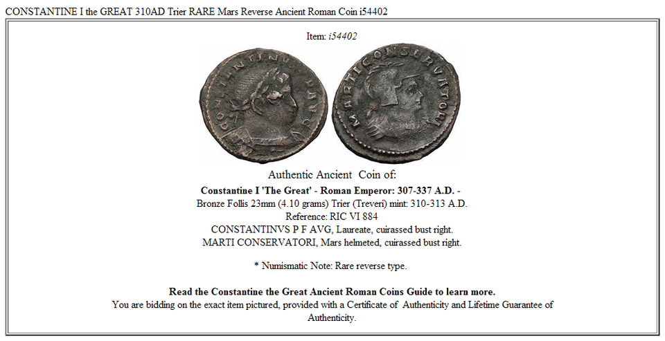 CONSTANTINE I the GREAT 310AD Trier RARE Mars Reverse Ancient Roman ...