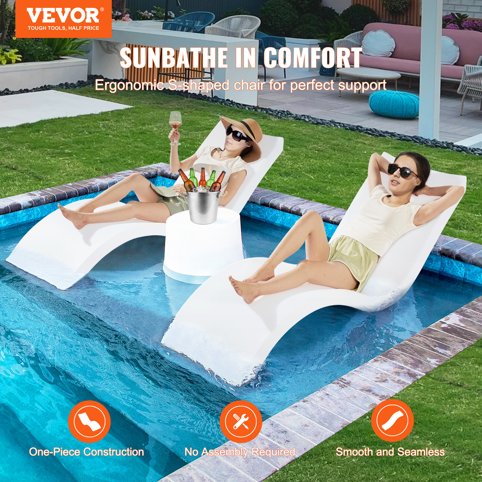 VEVOR in-Pool Lounge Chairs 2 PCS Chaise Lounger Inside Pool Sun Shelf ...