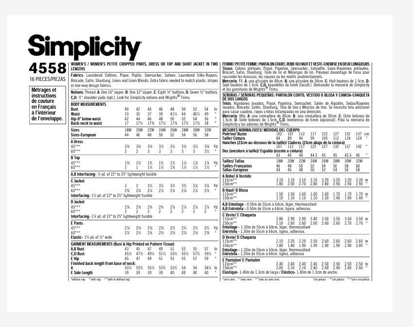 Simplicity Sewing Pattern 4558 Dress Pants Jacket Shirt Plus Size 18W ...