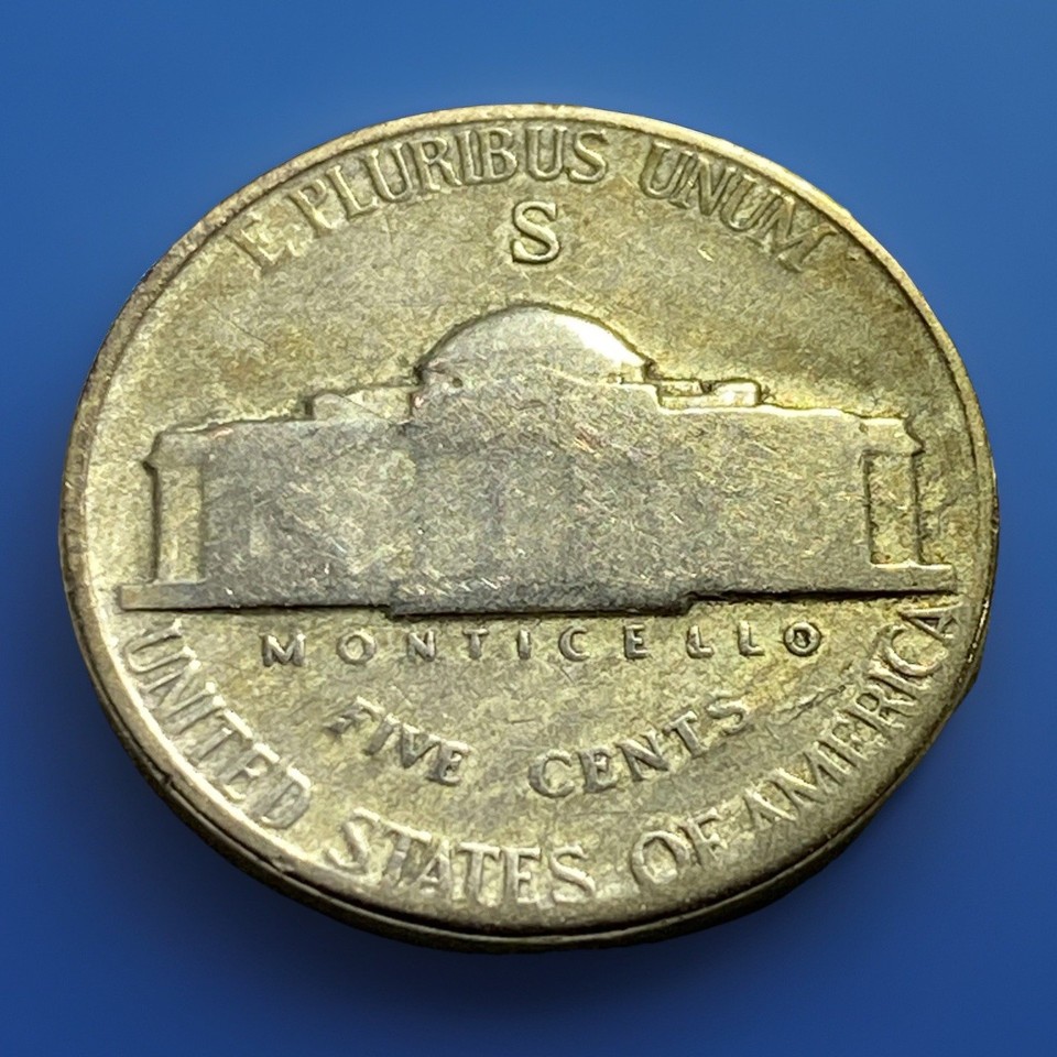1943 S silver war nickel Dramatic lamination error across Jefferson’s ...