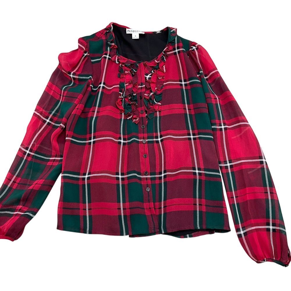 Red Plaid Ruffle Blouse Green Check Plaid Pocket Blouse With Contrast