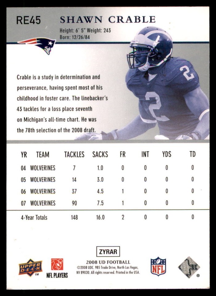 2008 Upper Deck Rookie Exclusives #RE45 Shawn Crable New England ...