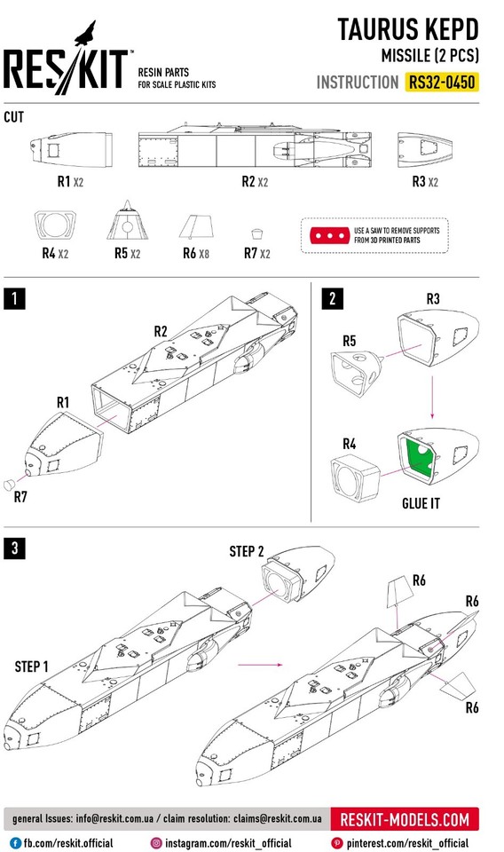 TAURUS missiles (2pcs) Tornado, F-15, F/A-18, Gripen Scale 1:32 ResKit ...