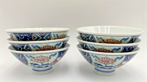 Seosan Japan Porcelain Rice Ramen Bowls Set of 6 Floral Blue White Rust ...