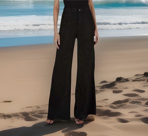 ENZA COSTA Womens 100% Hemp (Linen) Black Wide Legs High Rise Pants Sz ...