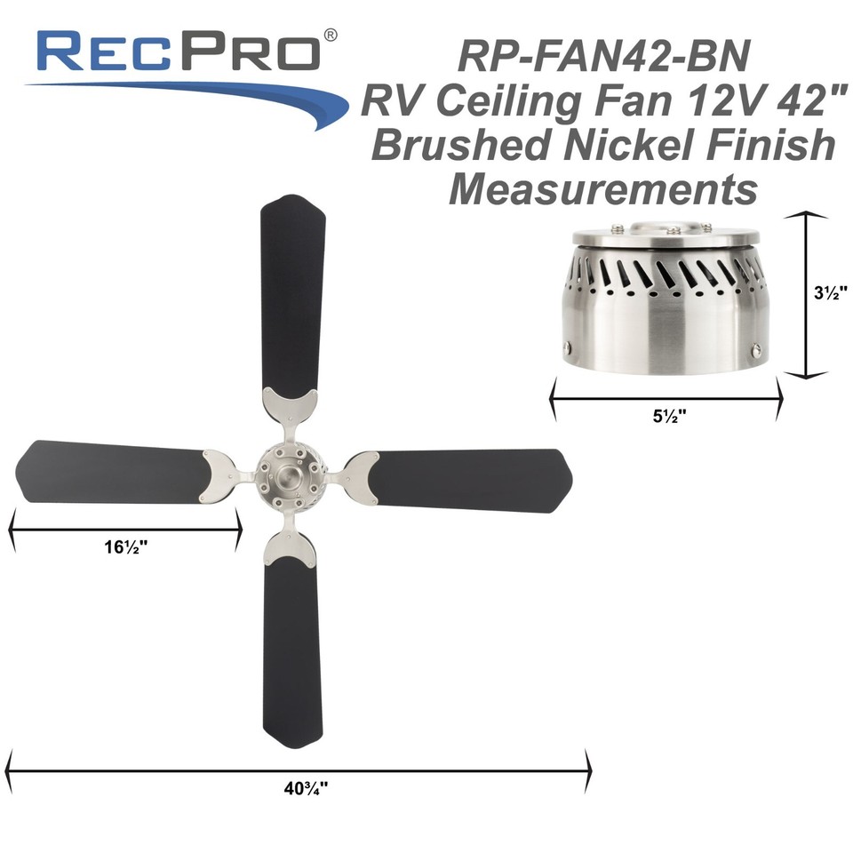 RV Ceiling Fan 12V 42" Brushed Nickel Finish 4 Blade with Wall Switch ...