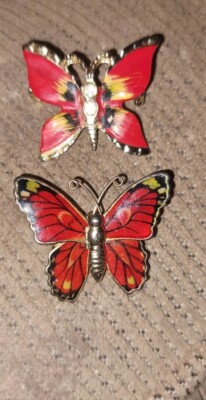 2 Butterfly Brooch Type Pins Red Colors, Pink Colors Great Condition ...