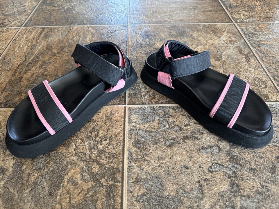 Moschino Logo Tape Slip On Double Strap Slip On Sandals- Black/Pink ...