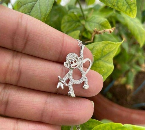 1.89Ct Round Cut Lab Created Diamond Monkey Pendant 14K White Gold ...