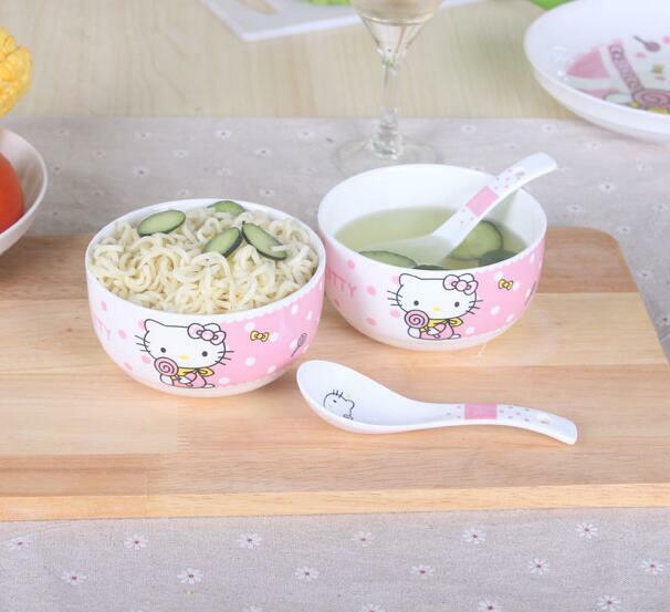 Cute 4" 4pcs Ceramic Rice Soup Bowl Home Tableware Set c/w 4 Spoons | eBay