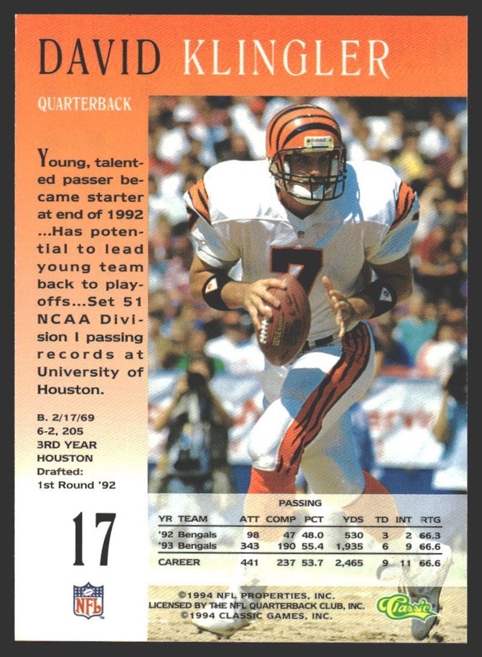 David Klingler #17 1994 Pro Line Live Cincinnati Bengals | eBay