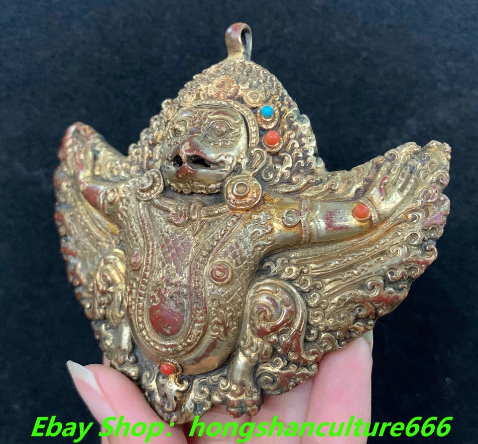 Tibet pure bronze gilt Inlay gem Redpoll Winged Garuda Bird Eagle ...