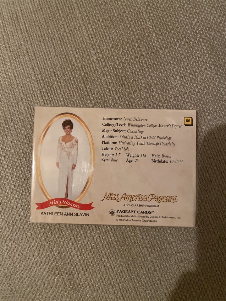 1992 Miss America Pageant Cards Miss Delaware Kathleen Ann Slavin #56 ...