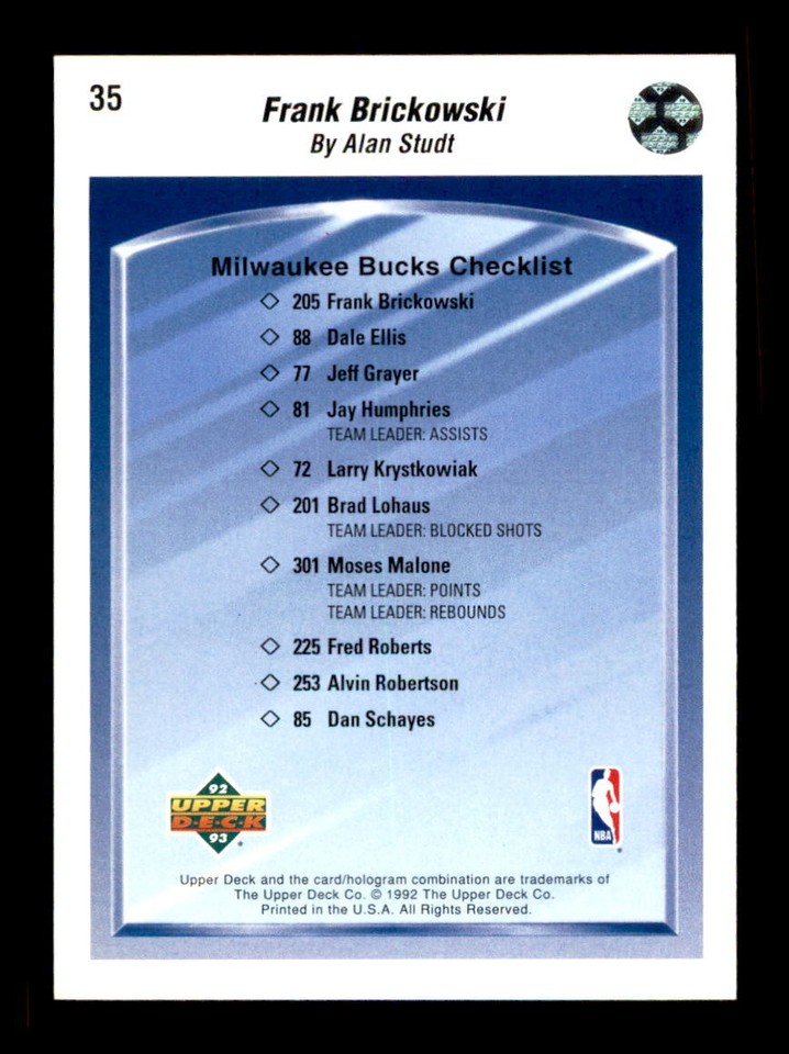 1992 Basketball Upper Deck Frank Brickowski Milwaukee Bucks #35 CL-3 | eBay