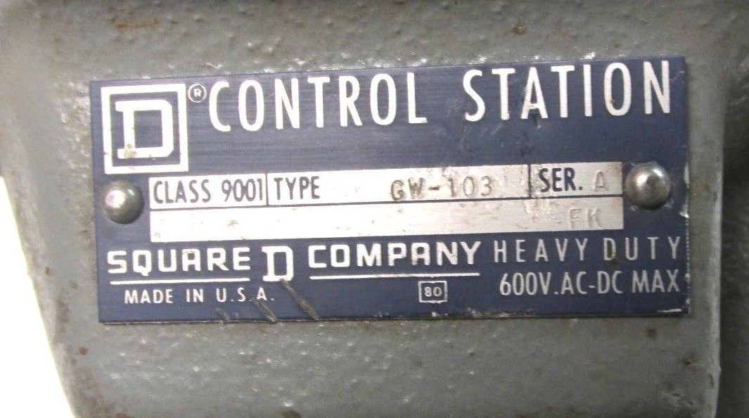 Square D Pushbutton Control Station 9001 Type GW-103 . 600V .. UJ-10A ...