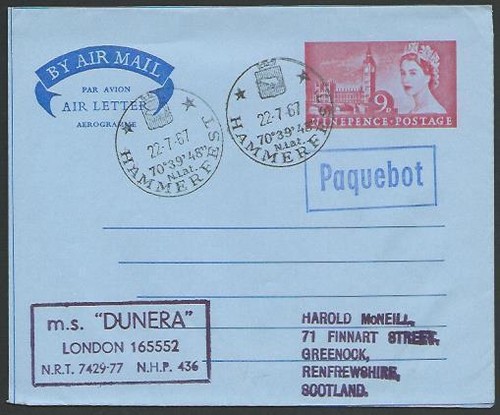 GB NORWAY 1967 MS Dunera ship cover, HAMMERFEST boxed PAQUEBOT ...
