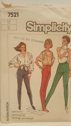 Pattern Simplicity # 7521 Pants Personal Fit Size 10 1986 Uncut | eBay