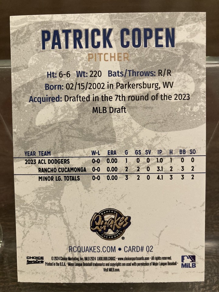 2024 Choice Patrick Copen RC Rancho Cucamonga Quakes Team Card #02 ...