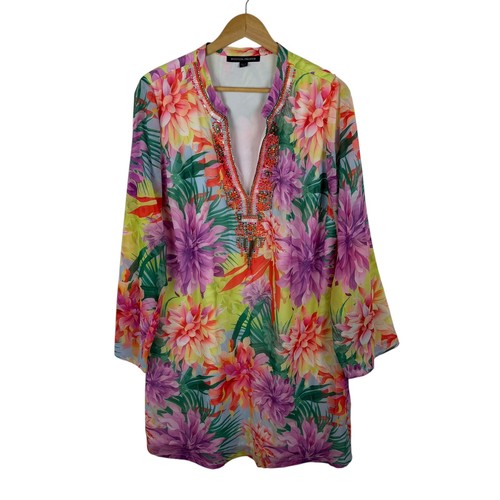 Boston Proper Beaded Floral Tunic Dress Sz XL Tropical Cover Up Resort ...