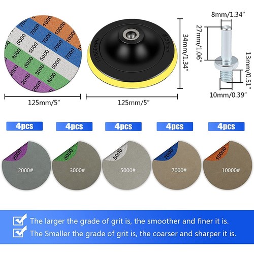 Water Grit Sandpaper 2000/3000/5000/7000/10000 and 5-inch Backing Pad ...