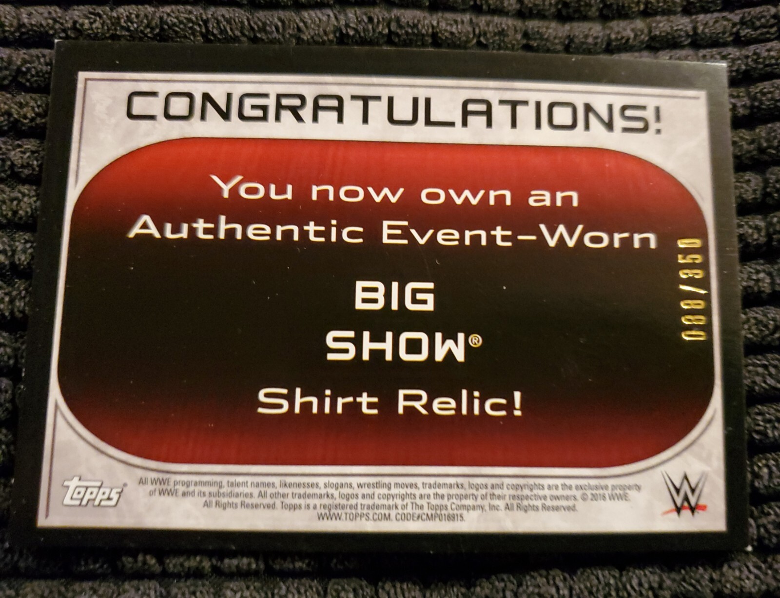 BIG SHOW 2016 Topps WWE Authentic EVENT WORN SHIRT RELIC 88/350 ...
