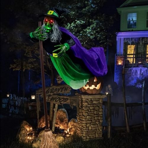 6FT Animated Flying Witch Decor with Lights & Sound, Outdoor Halloween ...