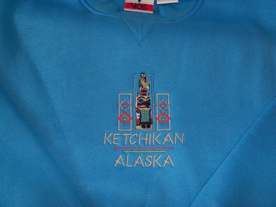 100% SOFT ACRYLIC BLUE SWEATSHIRT W/TOTEM POLE & KETCHIKAN, ALASKA ...