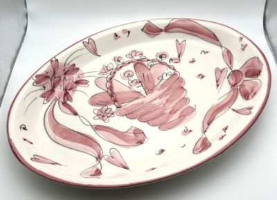 Amora Italy Ceramic Oval Tray Platter Pink Ivory Hearts Ribbons Basket ...