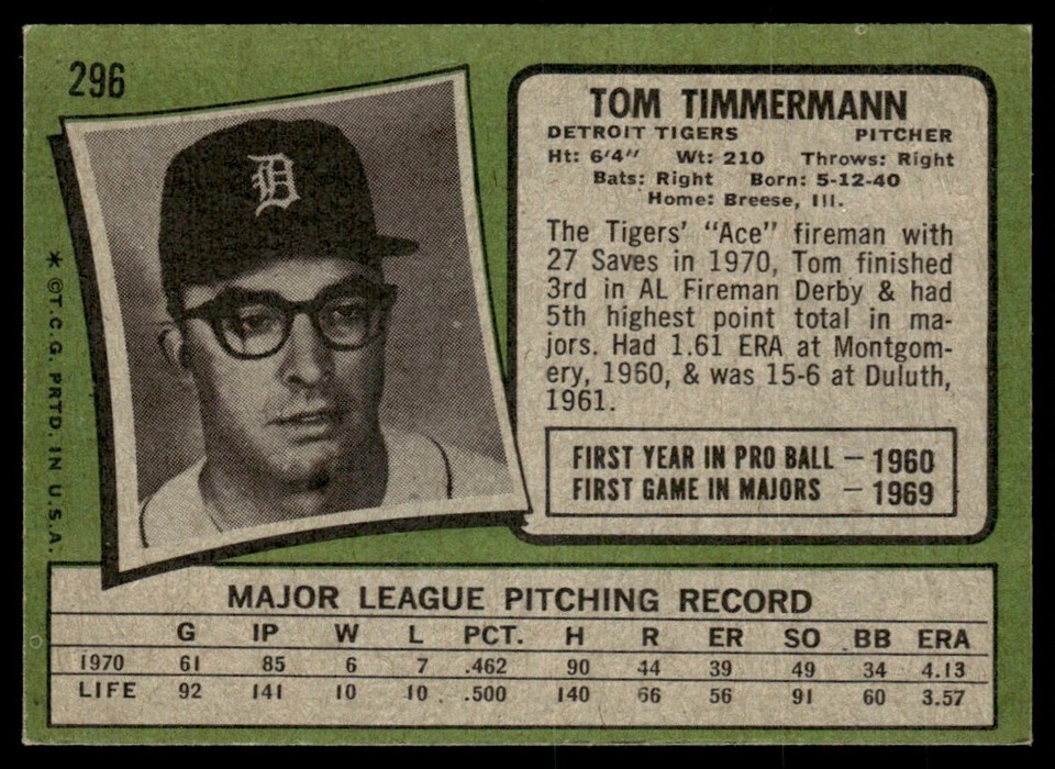 1971 Topps Tom Timmermann Detroit Tigers #296 | eBay