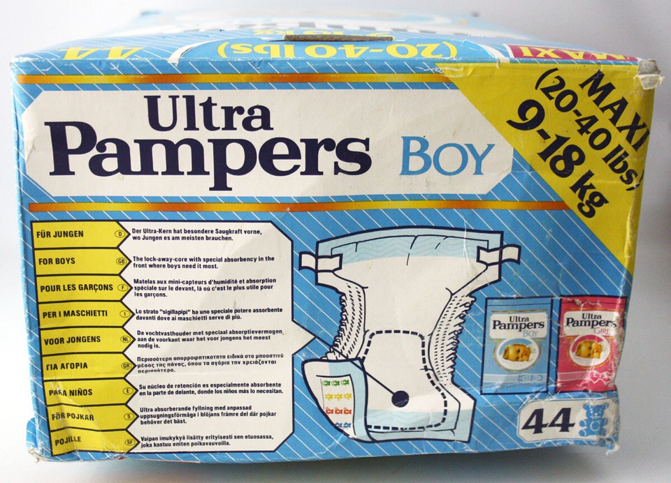 VINTAGE 80's ULTRA PAMPERS BOY 9-18kg 20-40lbs MAXI PLASTIC DIAPERS NEW ...