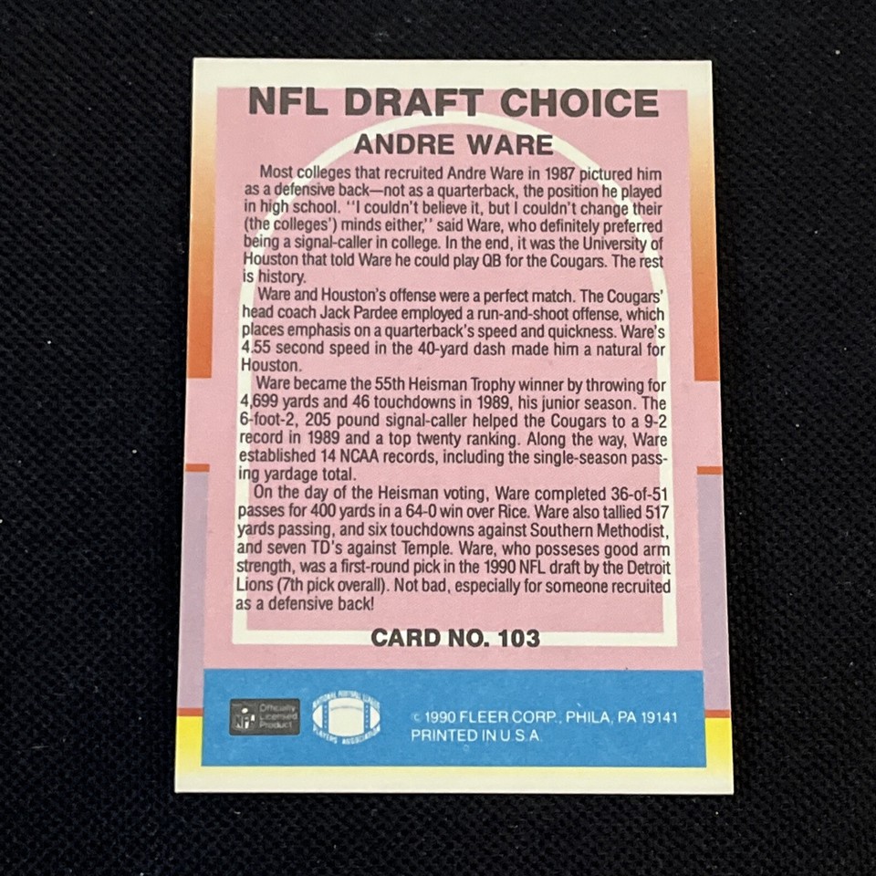 ANDRE WARE 1990 FLEER ROOKIE SIGNED AUTOGRAPHED CARD 1989 HEISMAN ...