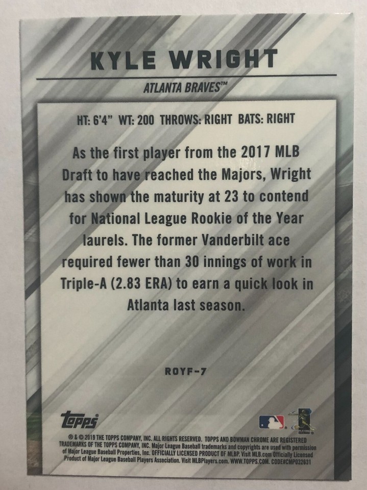 2019 Kyle Wright Bowman Chrome ROY Rookie Card RC Atlanta Braves #ROYF ...