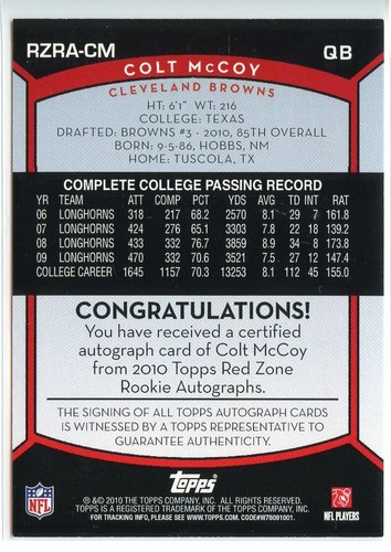 2010 Topps - Red Zone Rookie Autographs Colt McCoy #RZRA-CM /100 (AU ...