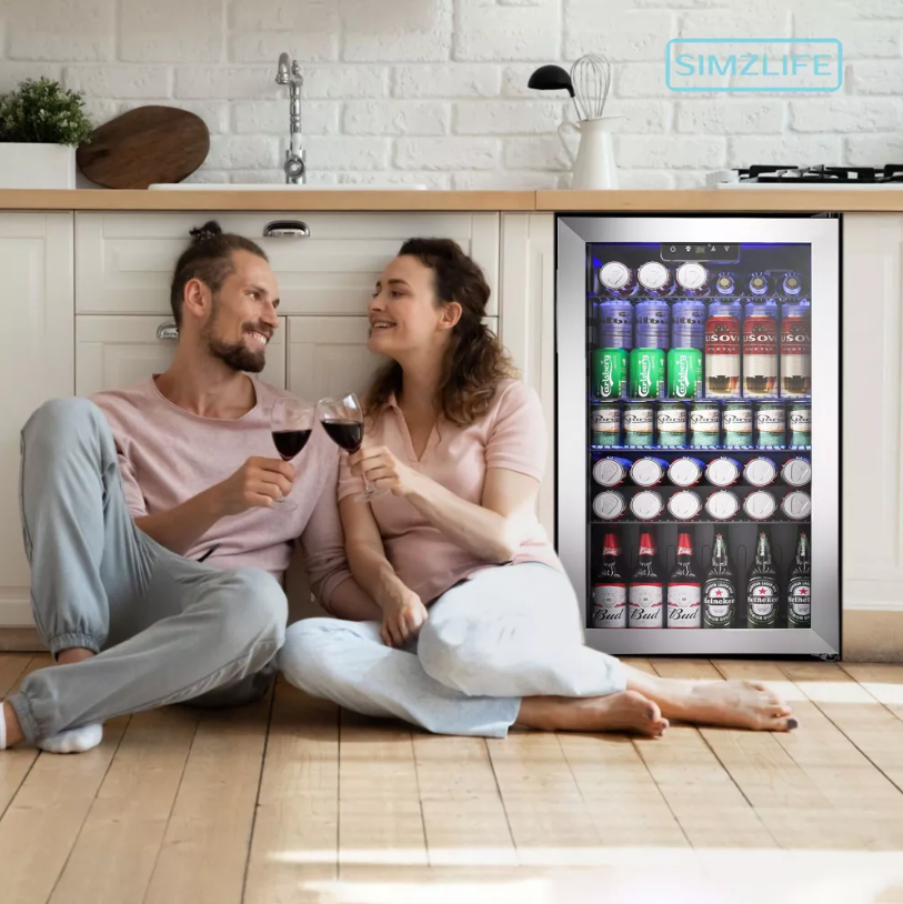 Simzlife 3.2 Cu Ft 130 Can Beverage Fridge Glass Door LED Reversible ...