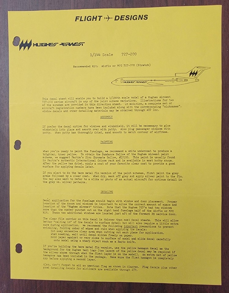 1/144 - FLIGHT DESIGNS DECAL - HUGHES AIRWEST AIRLINES - BOEING B727 ...