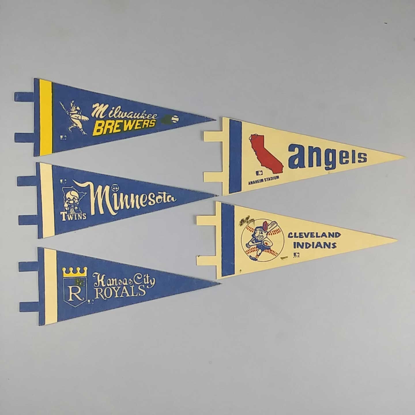 1960s MLB 5 Small Pennants 4 x 10 Twins Brewers Royals Angels Indians ...