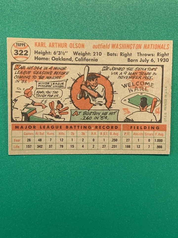 1956 TOPPS #322 KARL OLSON, GRAY BACK, WASHINGTON NATIONALS, EX-EXMINT ...