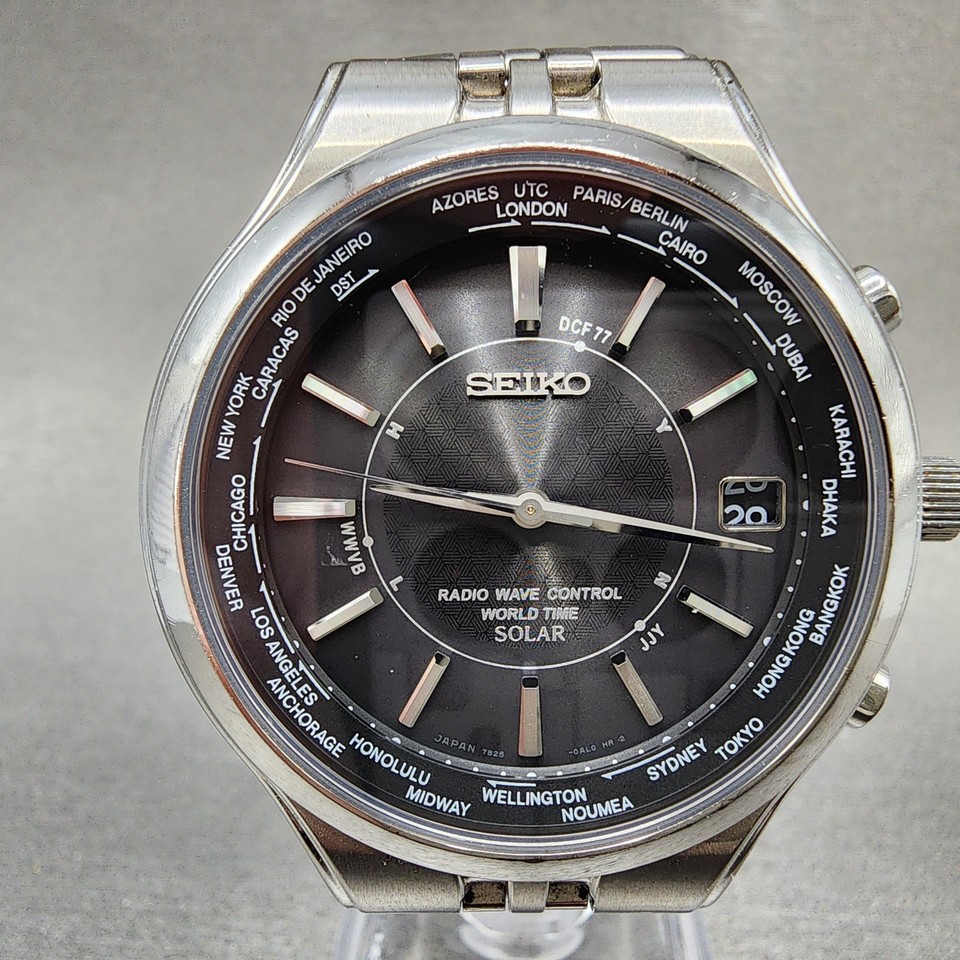 Seiko World Time Solar Watch Men 39mm Black Dial Silver Tone Date 7b25 ...