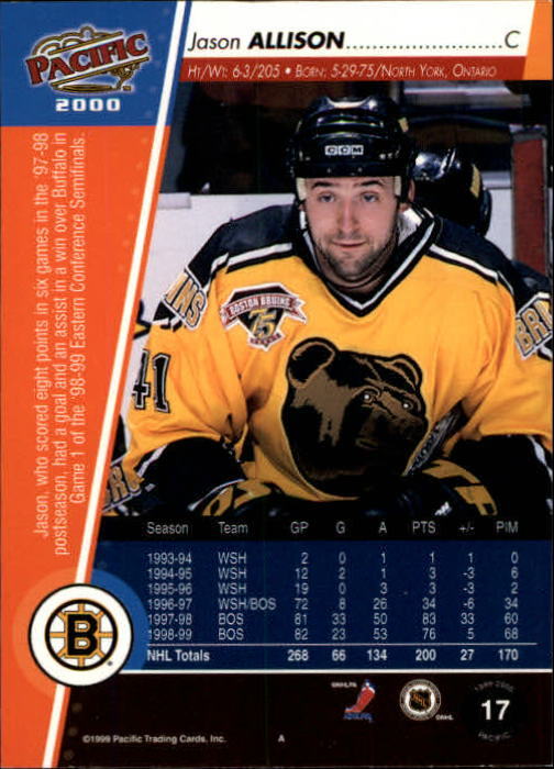 1999-00 Pacific Boston Bruins Hockey Card #17 Jason Allison | eBay