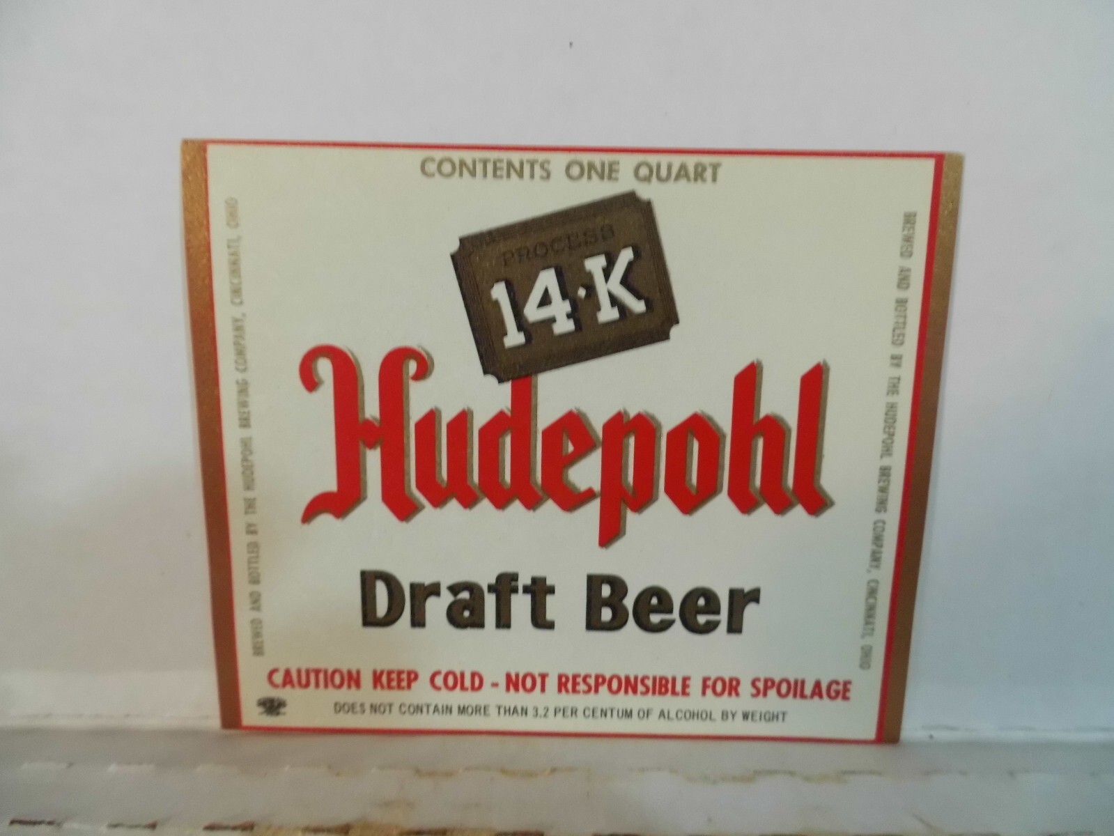 HUDEPOHL DRAFT DNCMT 3.2% 1 QUART BEER LABEL~HUDEPOHL BRG.,CINCINNATI ...