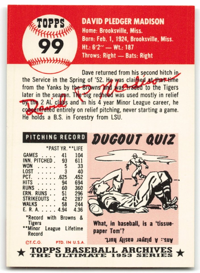 1991 Topps Archives 1953 #99 Dave Madison Bio white text Detroit Tigers ...