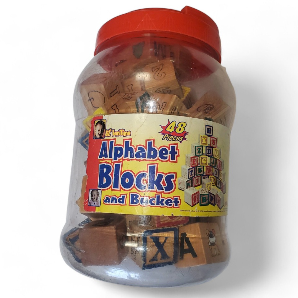Alphabet Blocks Wood Wooden Building Block With Bucket Lid Handle VTG ...